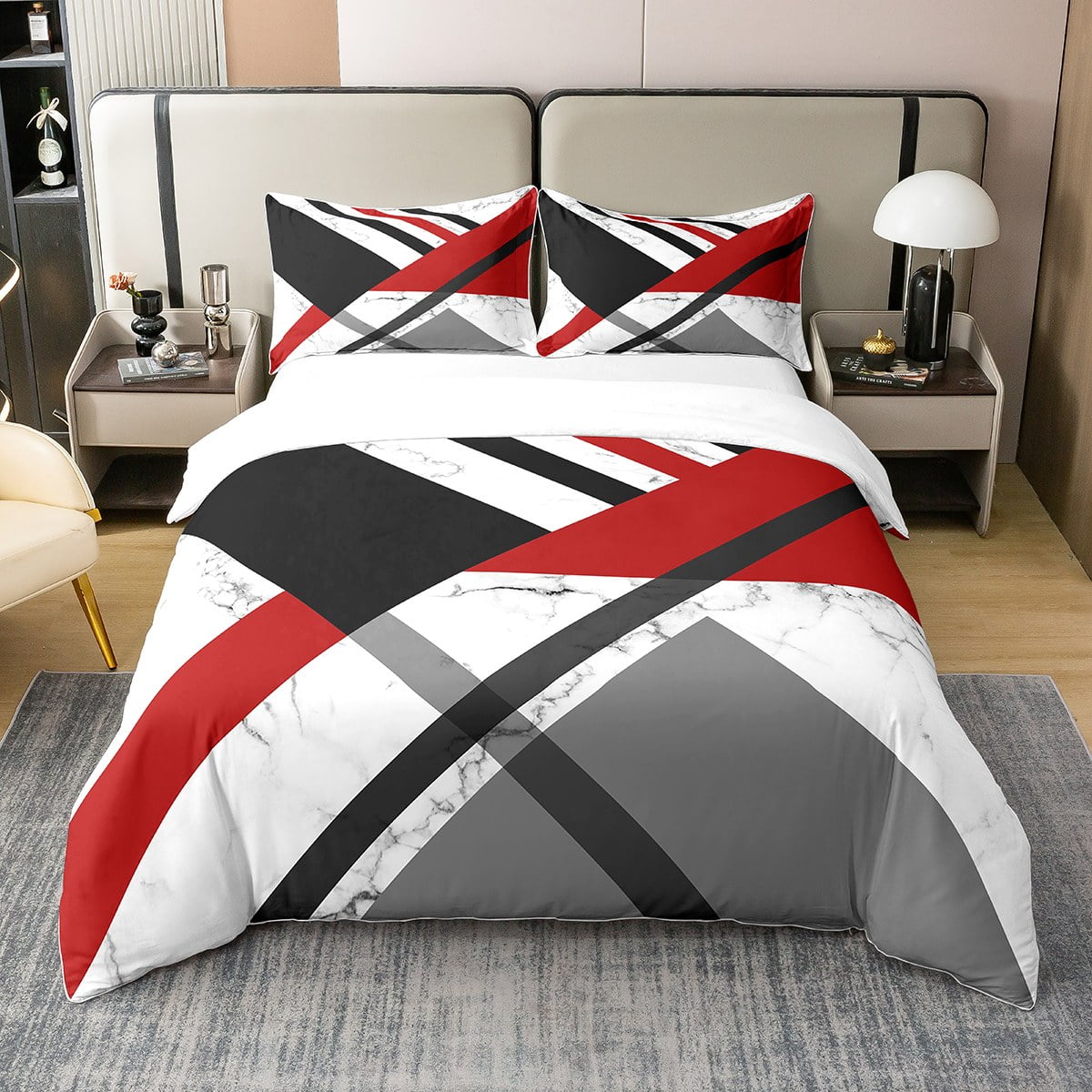 Red Black White Grey Duvet Cover Queen 100% Cotton Geometry Marble ...
