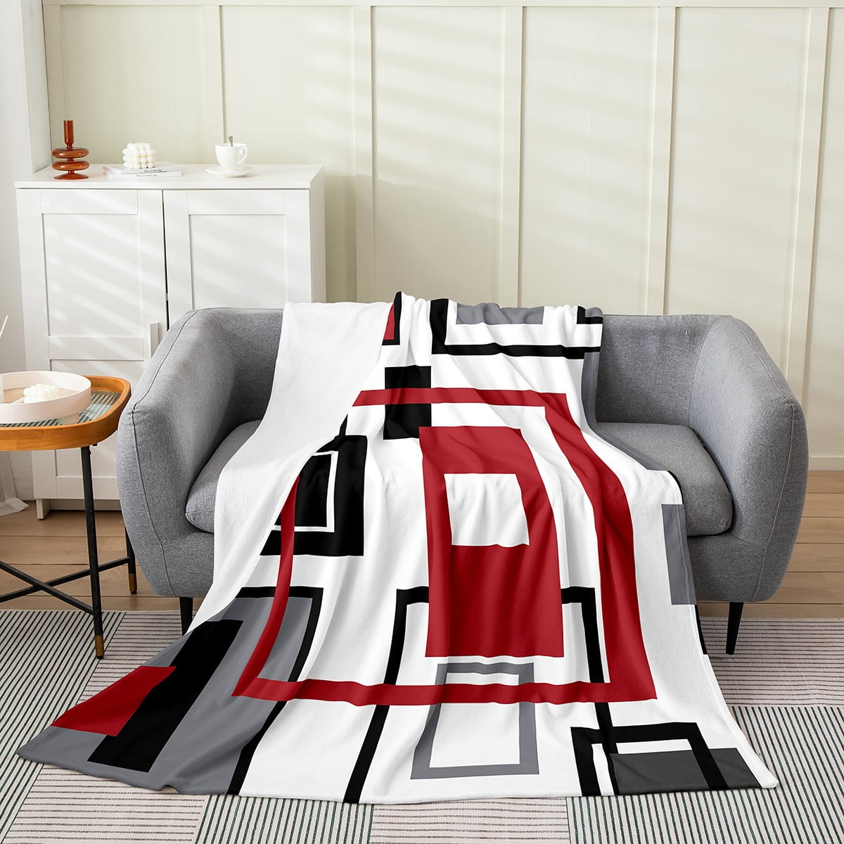 Red Black White Grey Fleece Blanket ,Geometric Square Throw Blanket ...