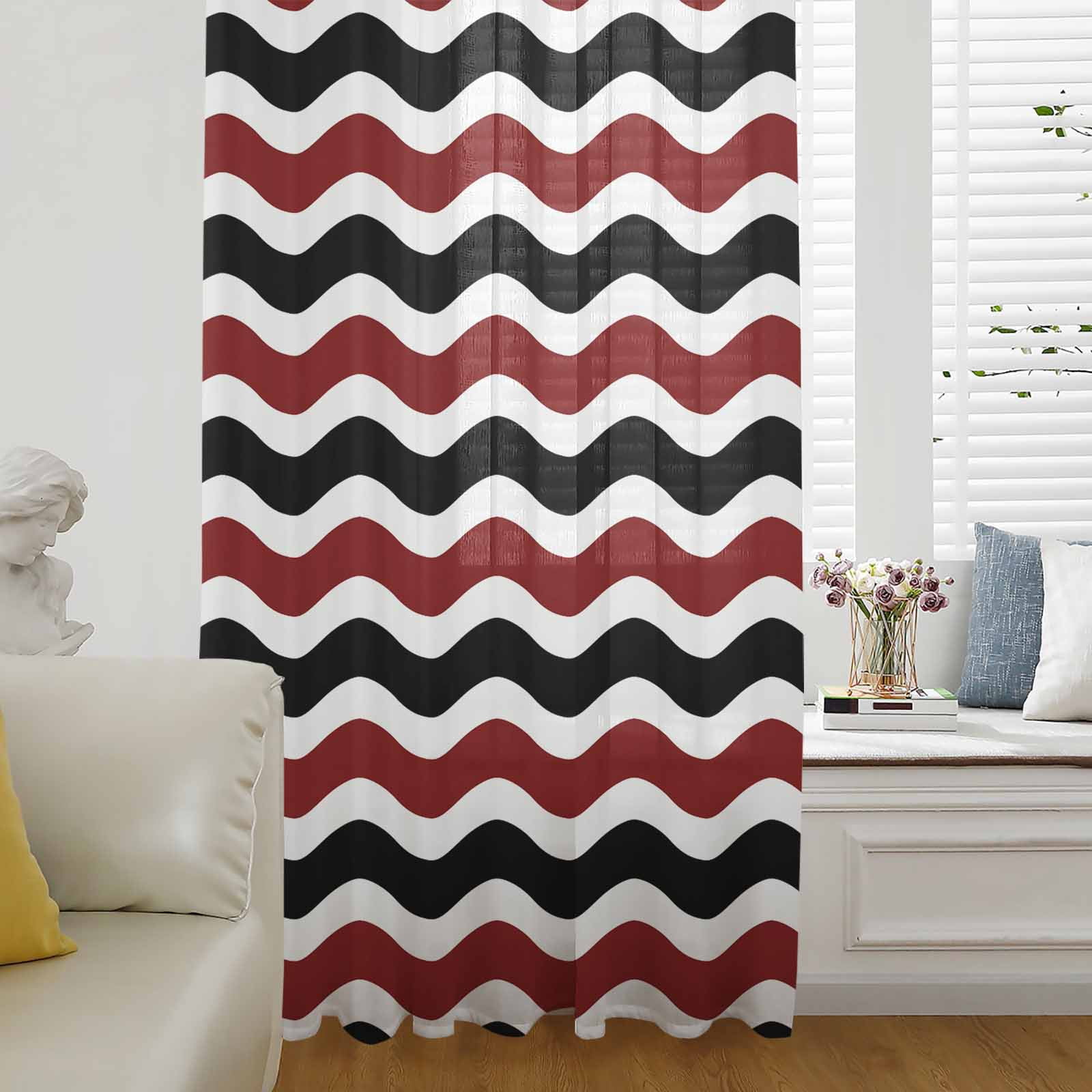 Red Black White Window Curtain 45 Inches Long,Abstract Geometric Ocean ...