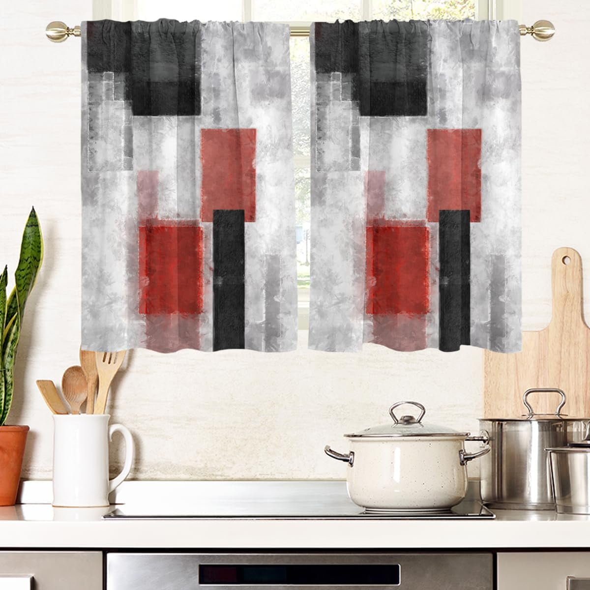 Red and Black Window Curtains for Kitchen White Grey Gray Abstract Art ...