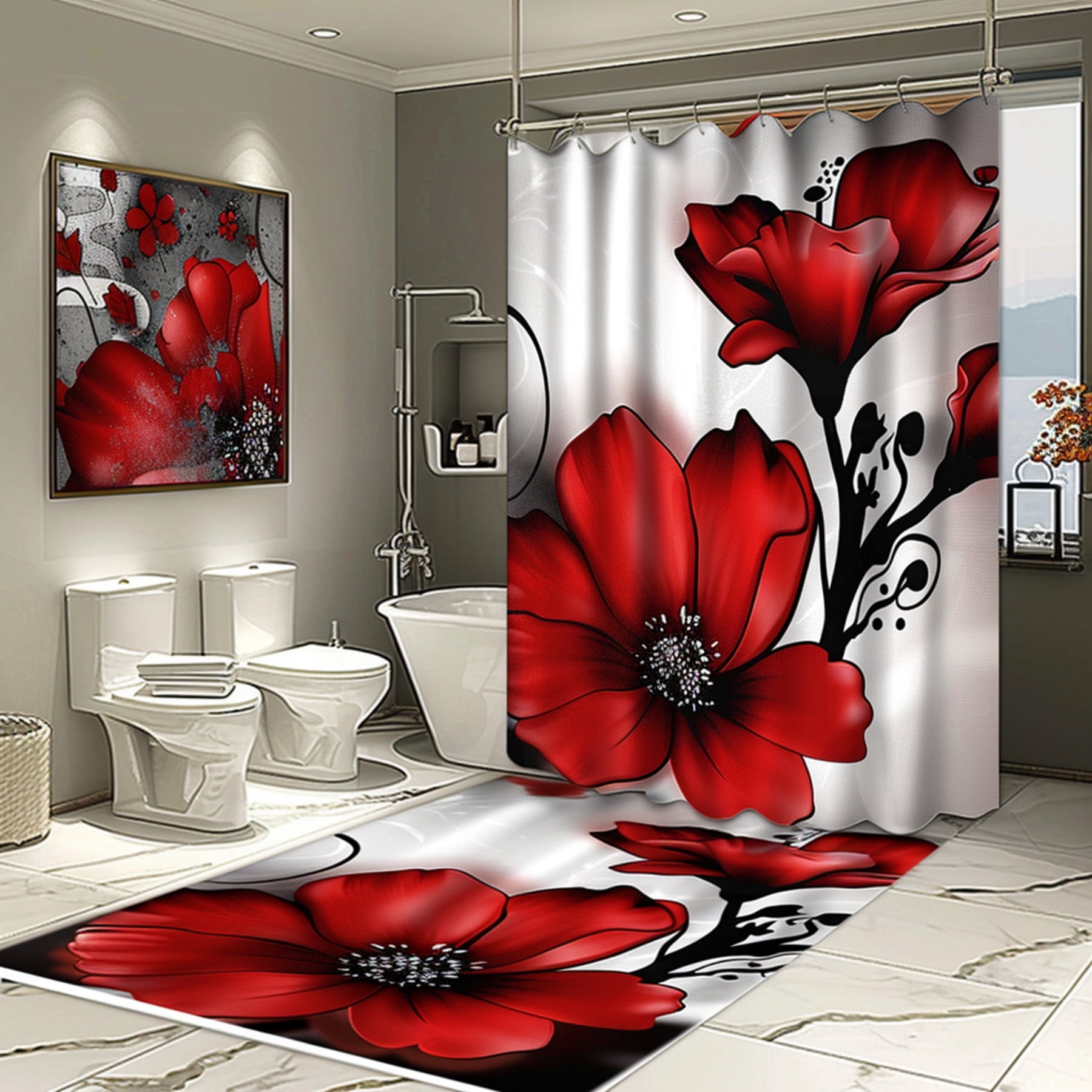 Red Blossom Delight Shower Curtain With Vibrant Floral Design Perfect