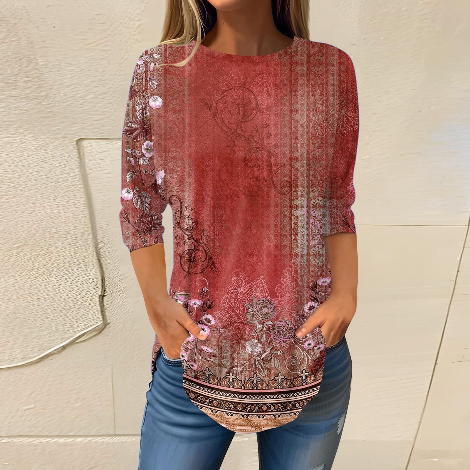 Red Blouse for Women, Polyester Womens Plus Size Blouse, 3/4 Sleeve ...