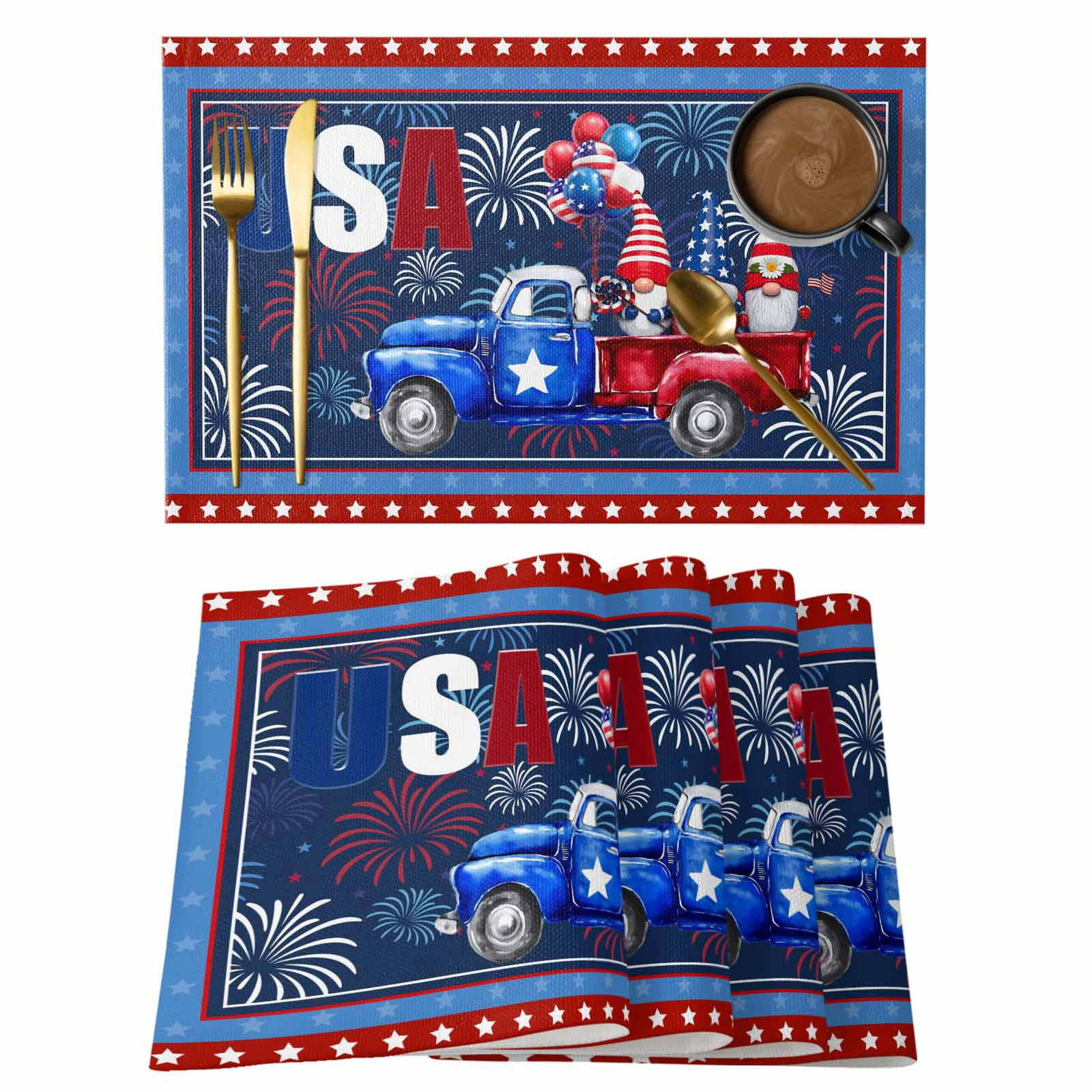 Red Blue 4th of July Placemats Set of 8, Independence Day Stars Gnomes ...