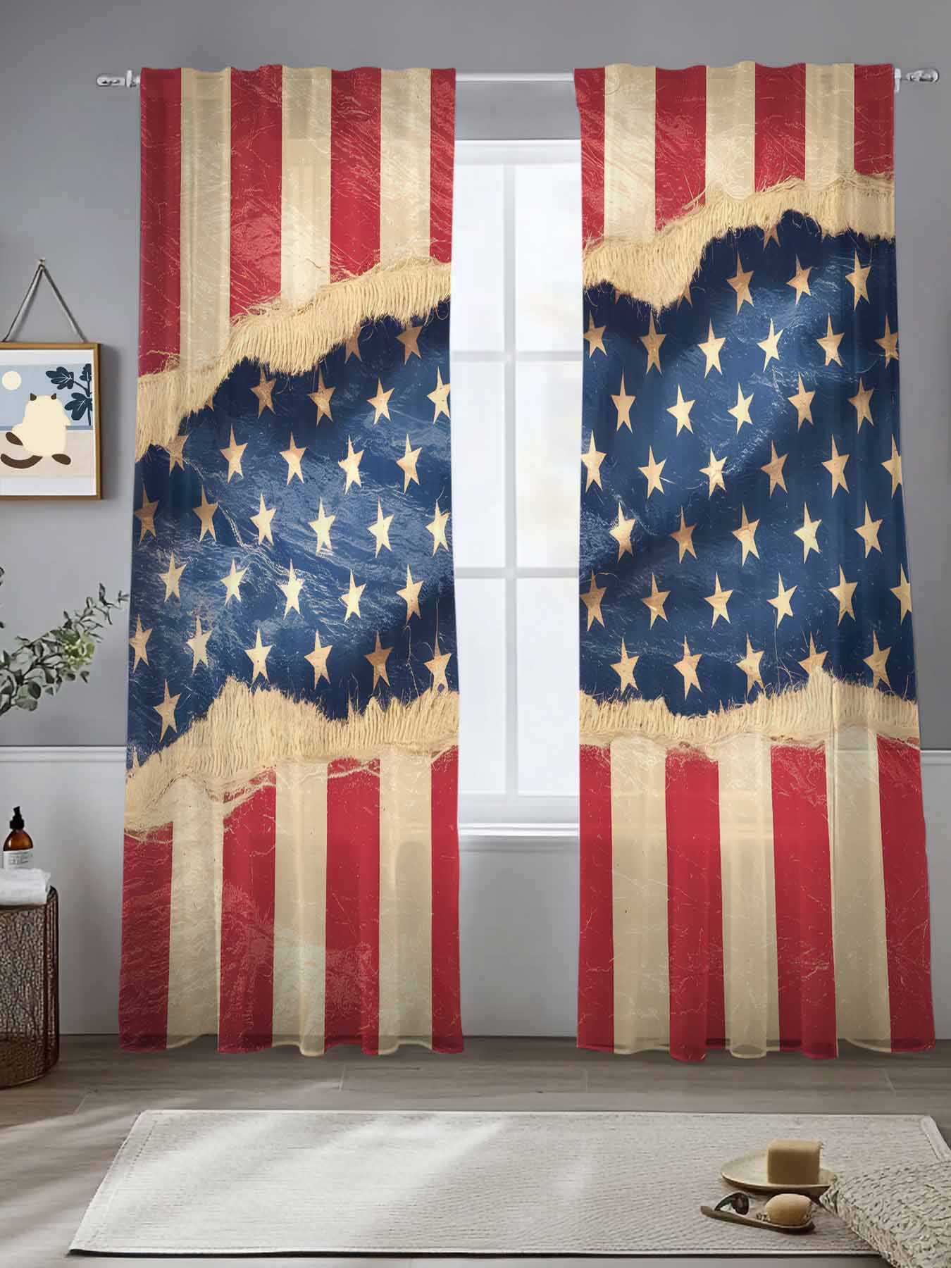 Red Blue American Flag Sheer Curtains for Living Room Bedroom Vintage ...