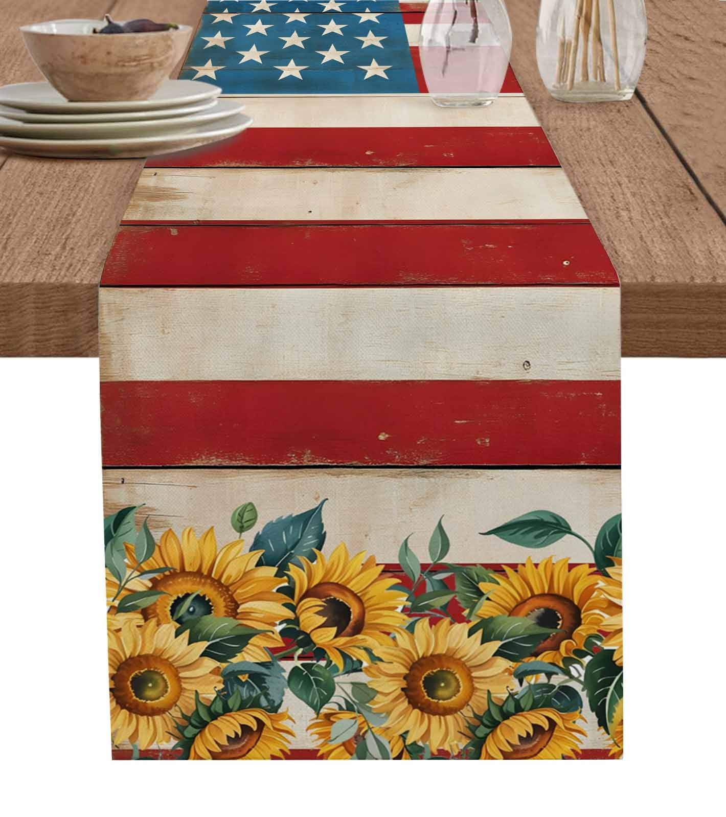 Red Blue American Flag Table Runner 72 Inches, Sunflower US Flag ...