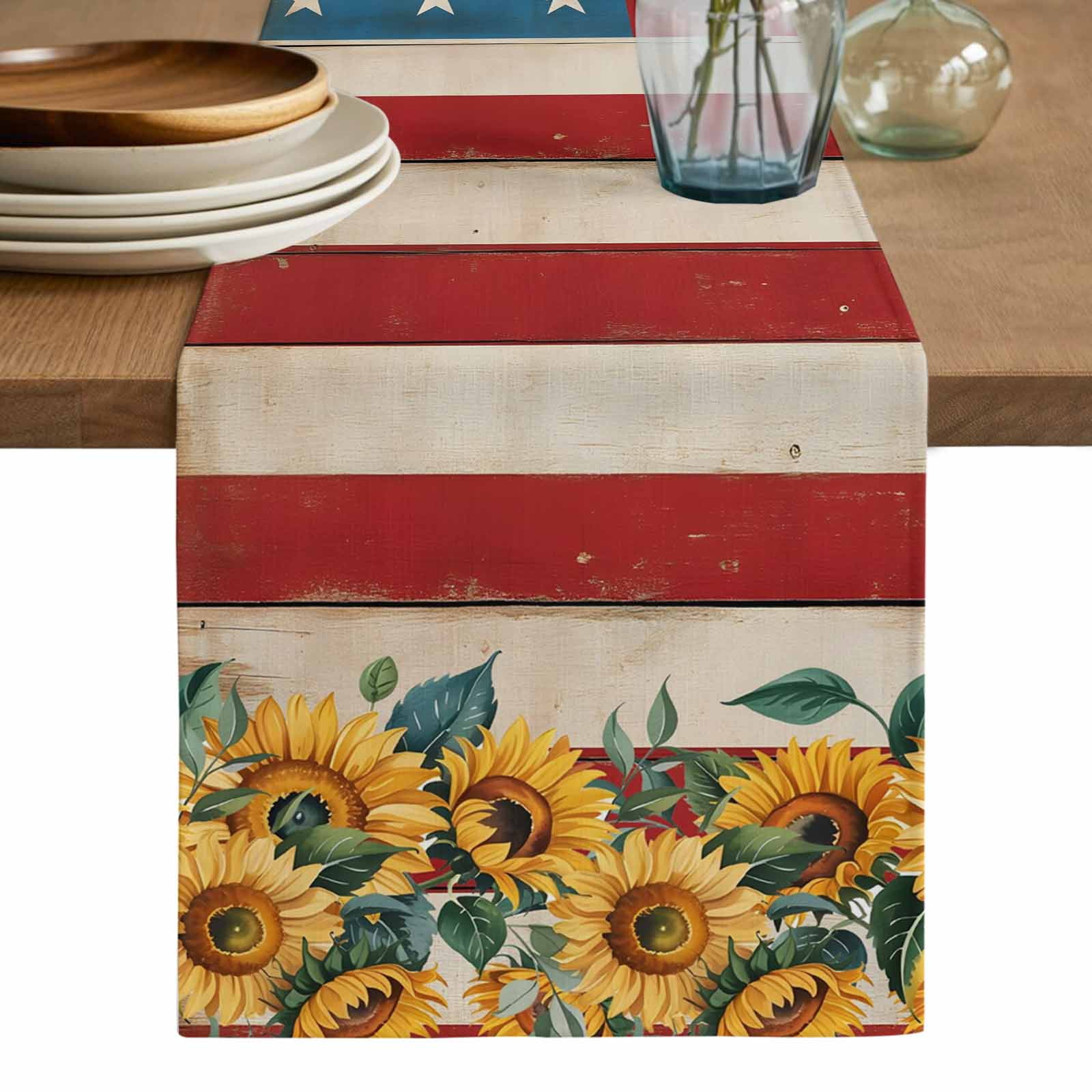 Red Blue American Flag Table Runner, Sunflower US Flag Vintage Washable ...