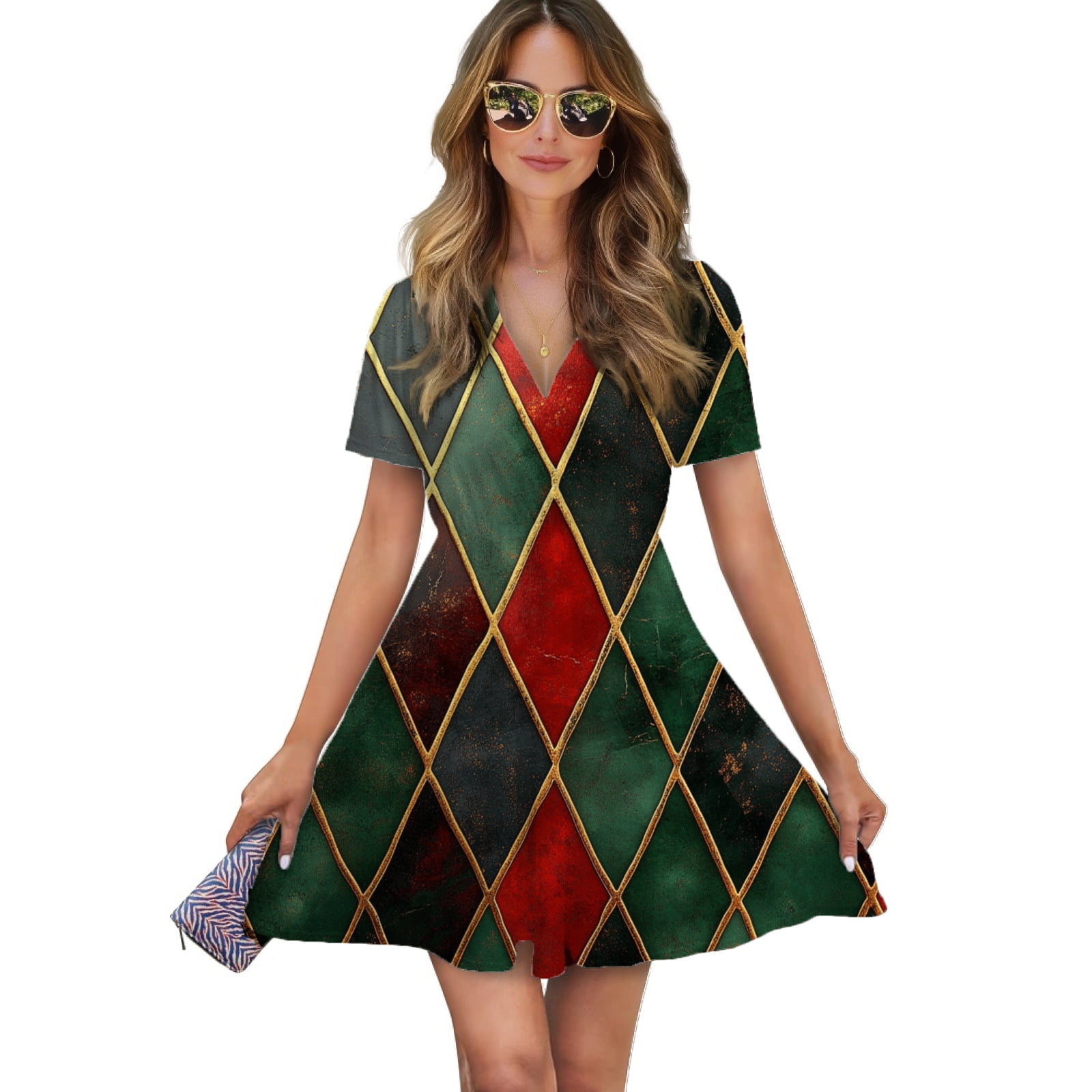 Red Blue And Gold Foil Women Dress V-Neck Short Sleeve Flowy Swing ...