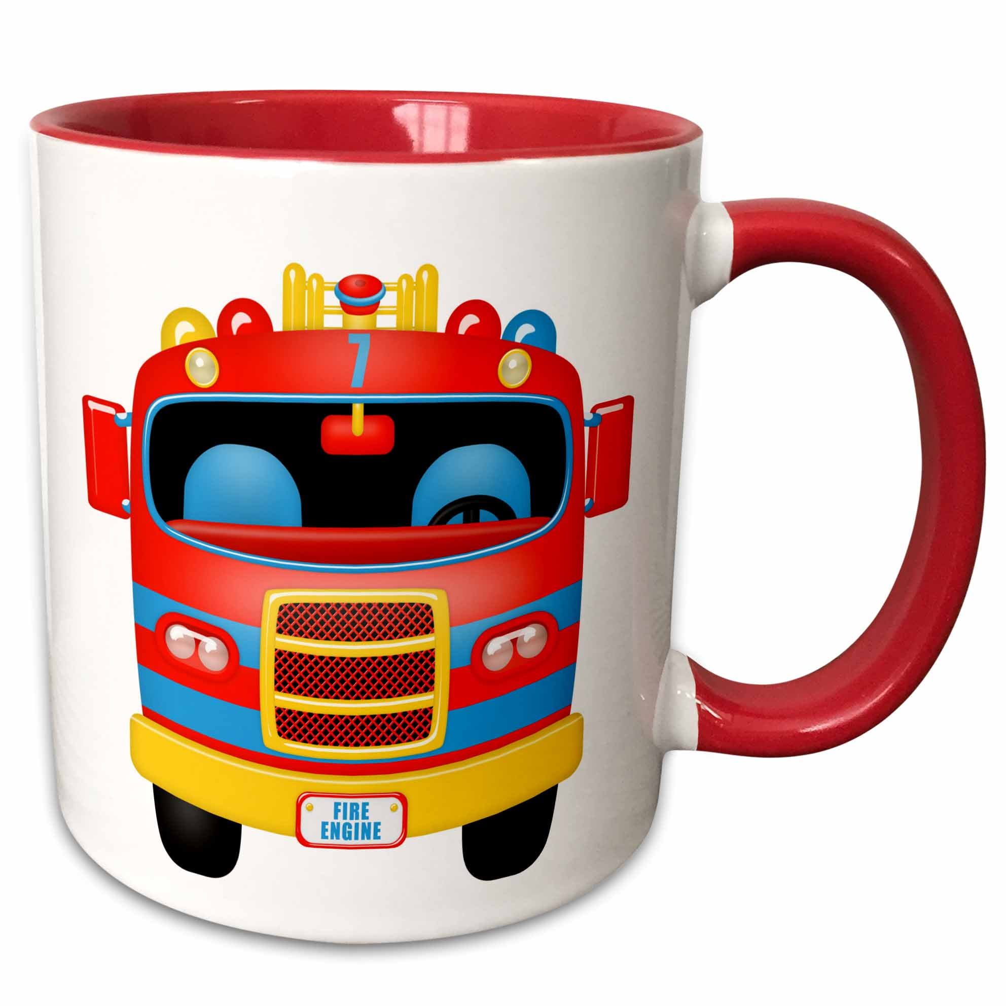 3drose, Red, Blue, and Yellow Fire Truck Illustration, 11oz Two-tone ...