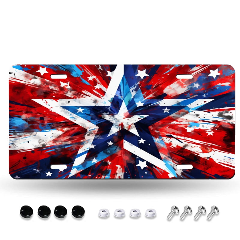 Red and Blue Background with Abstract Star Design License Plate Frame ...
