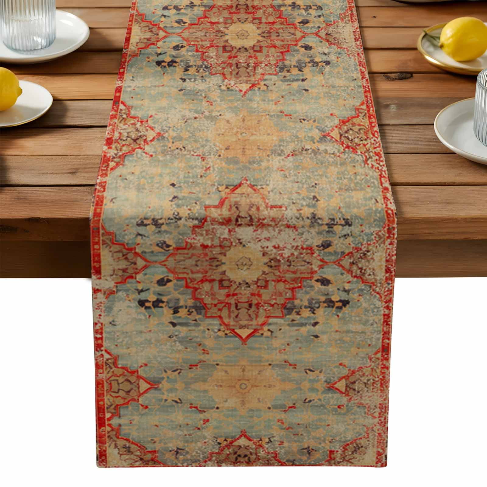 Red Blue Boho Cotton Linen Table Runner for Dining Kitchen, Ehtnic ...