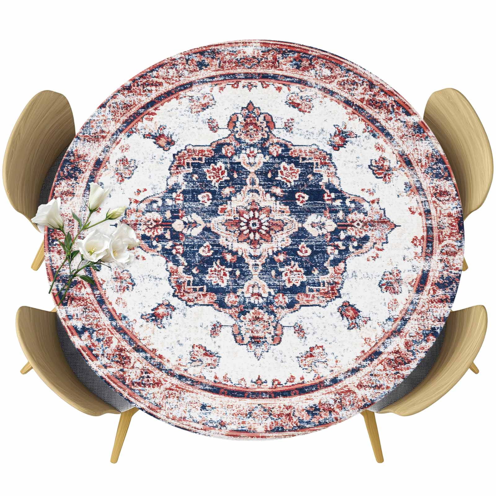 Red Blue Boho Retro Round Tablecloth 55-60 Inch Round Fitted Table ...