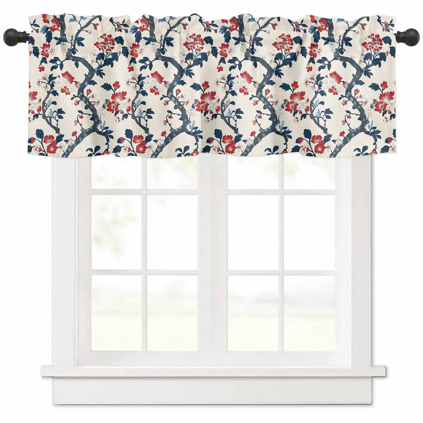 Red Blue Botanical Valances for Windows Farmhouse Kitchen Curtains ...