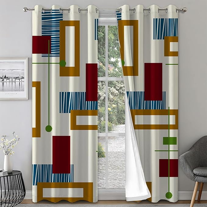 Red Blue Brown Color Block Blackout Curtains, Abstract Geometric ...