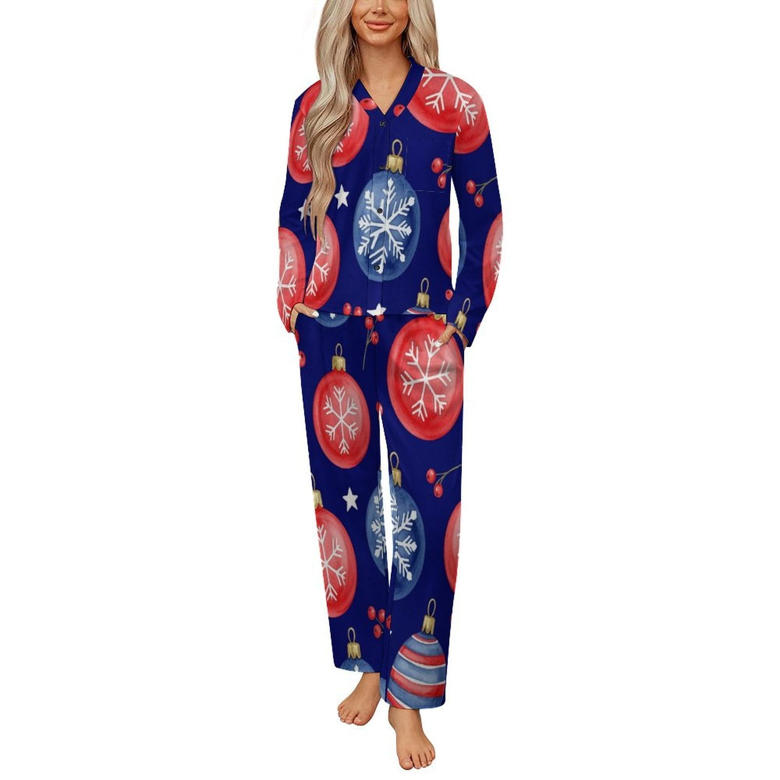 Red Blue Christmas Ornaments Snowflake Pattern Womens Pyjamas Set ...