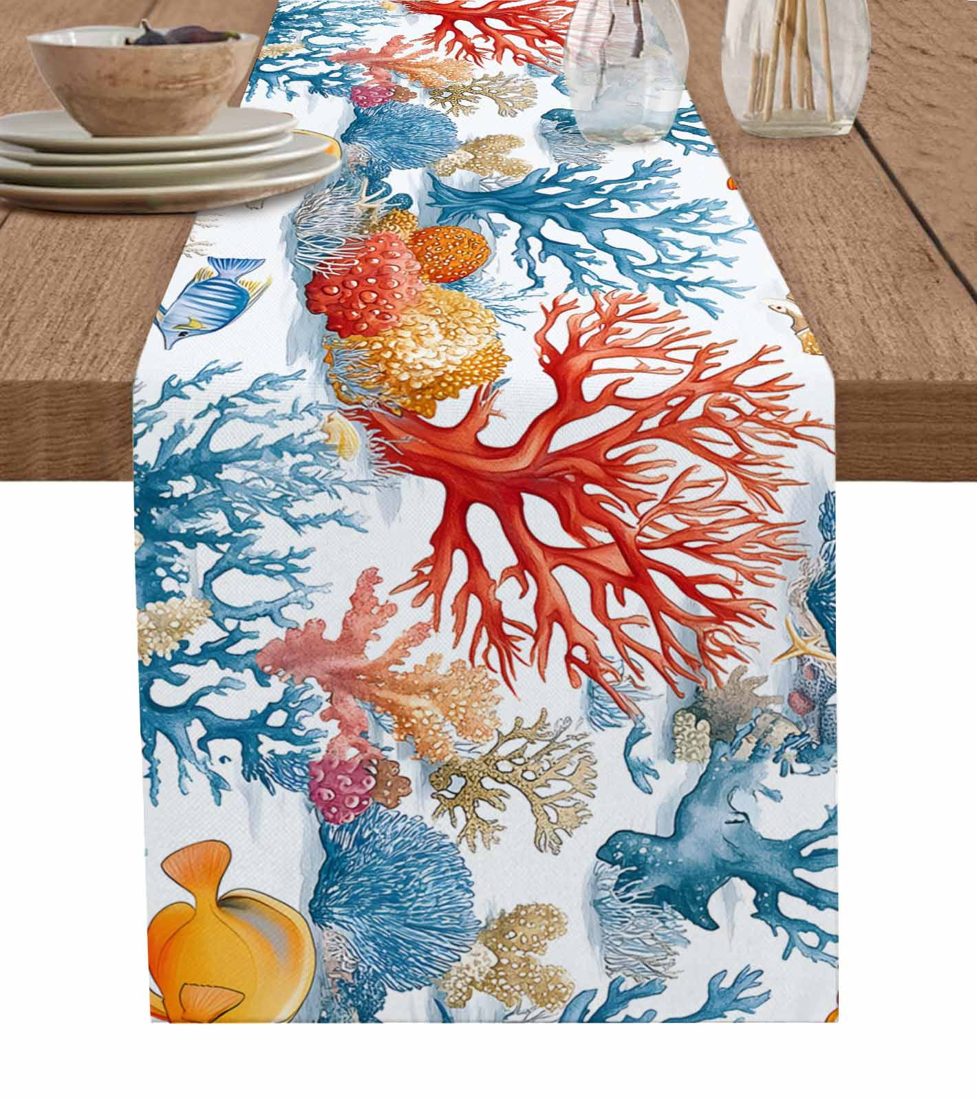 Red Blue Coral Coastal Burlap Cotton Table Runner 13x70 Inches Long ...