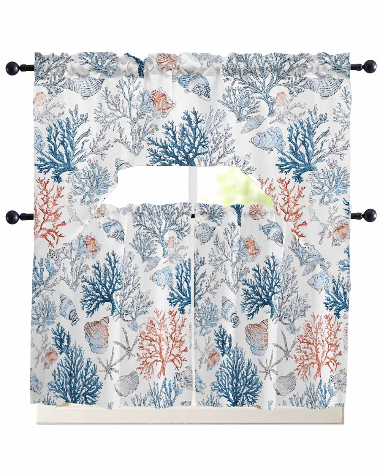 Red Blue Coral Kitchen Curtains Sets 36 Inch Length with Valance ...
