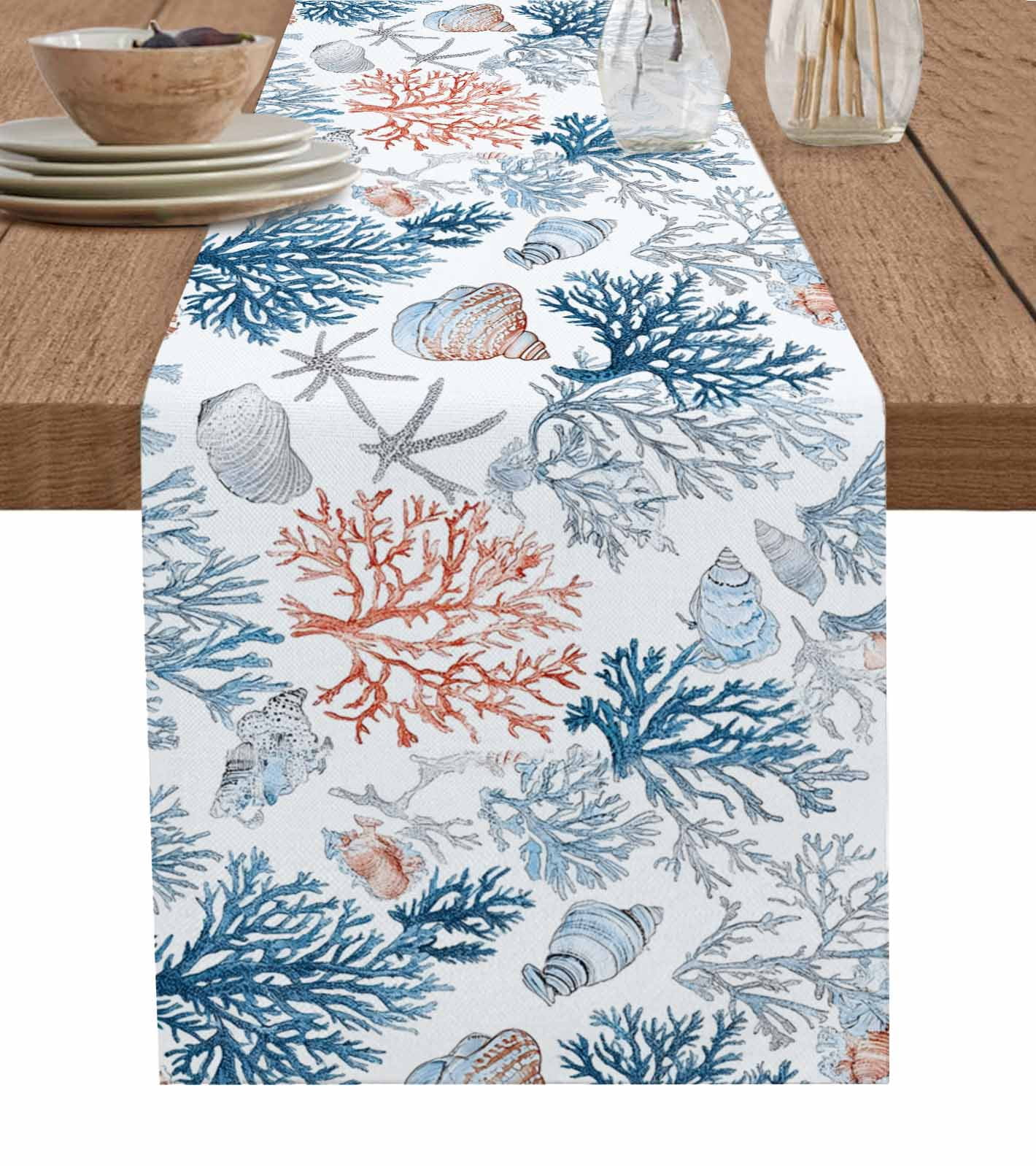 Red Blue Coral Table Runner 72 Inches, Summer Ocean Coastal Starfish ...
