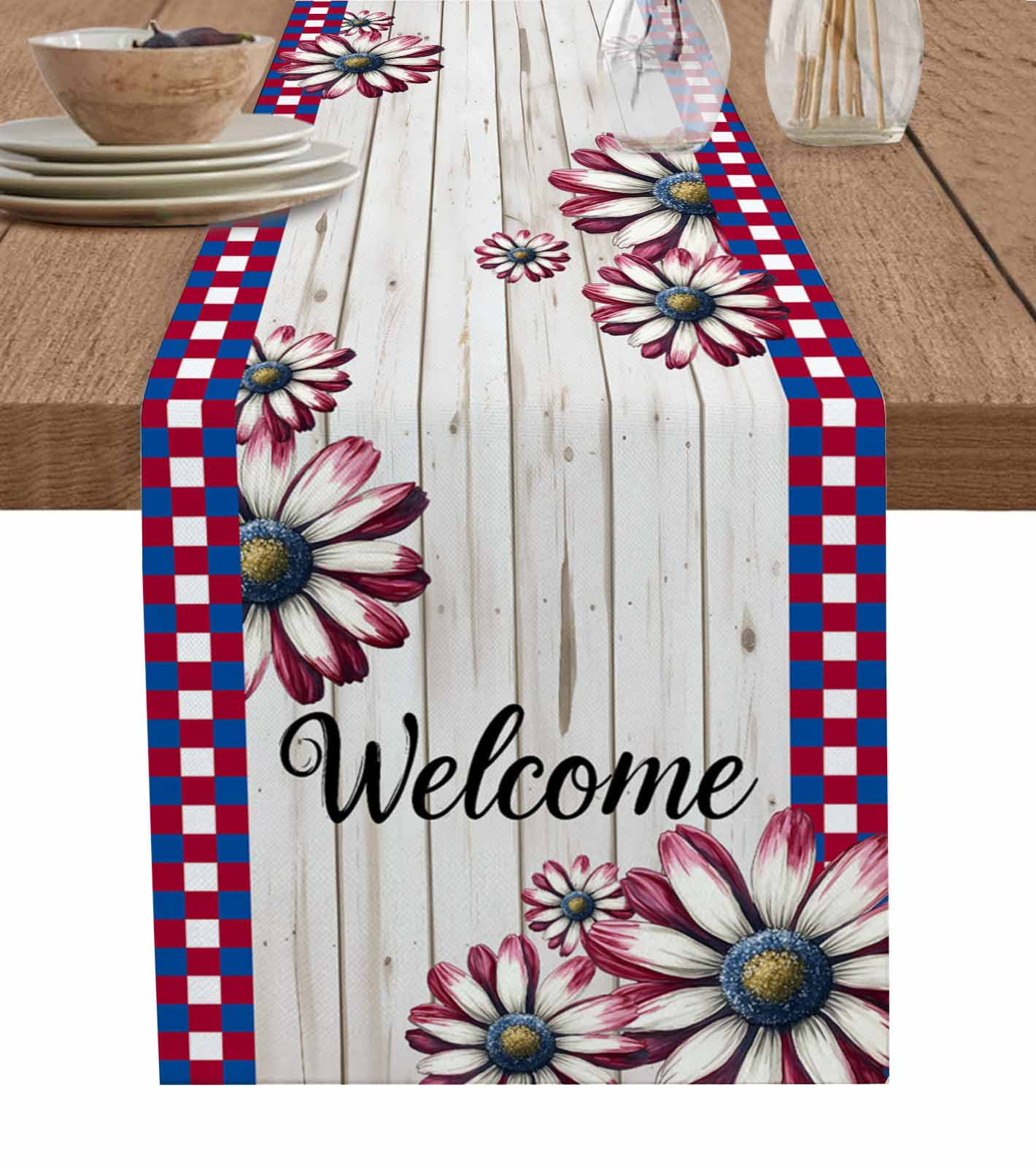 Red Blue Daisy Burlap Cotton Table Runner 13x90 Inches Long, Welcome ...