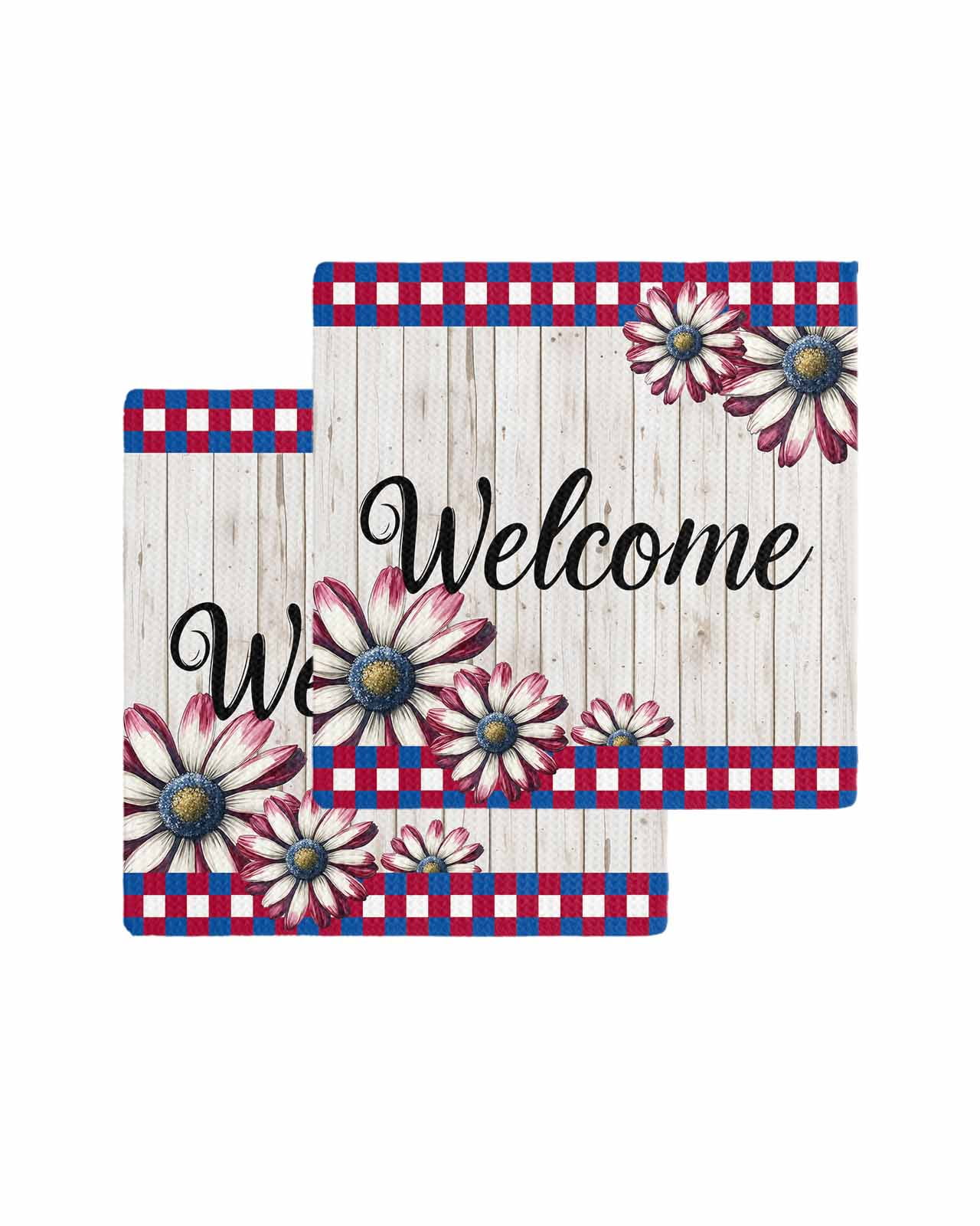 Red Blue Daisy Kitchen Dish Towels for Drying Dishes Set of 2, Welcome Plaid Vintage 4th of July ...