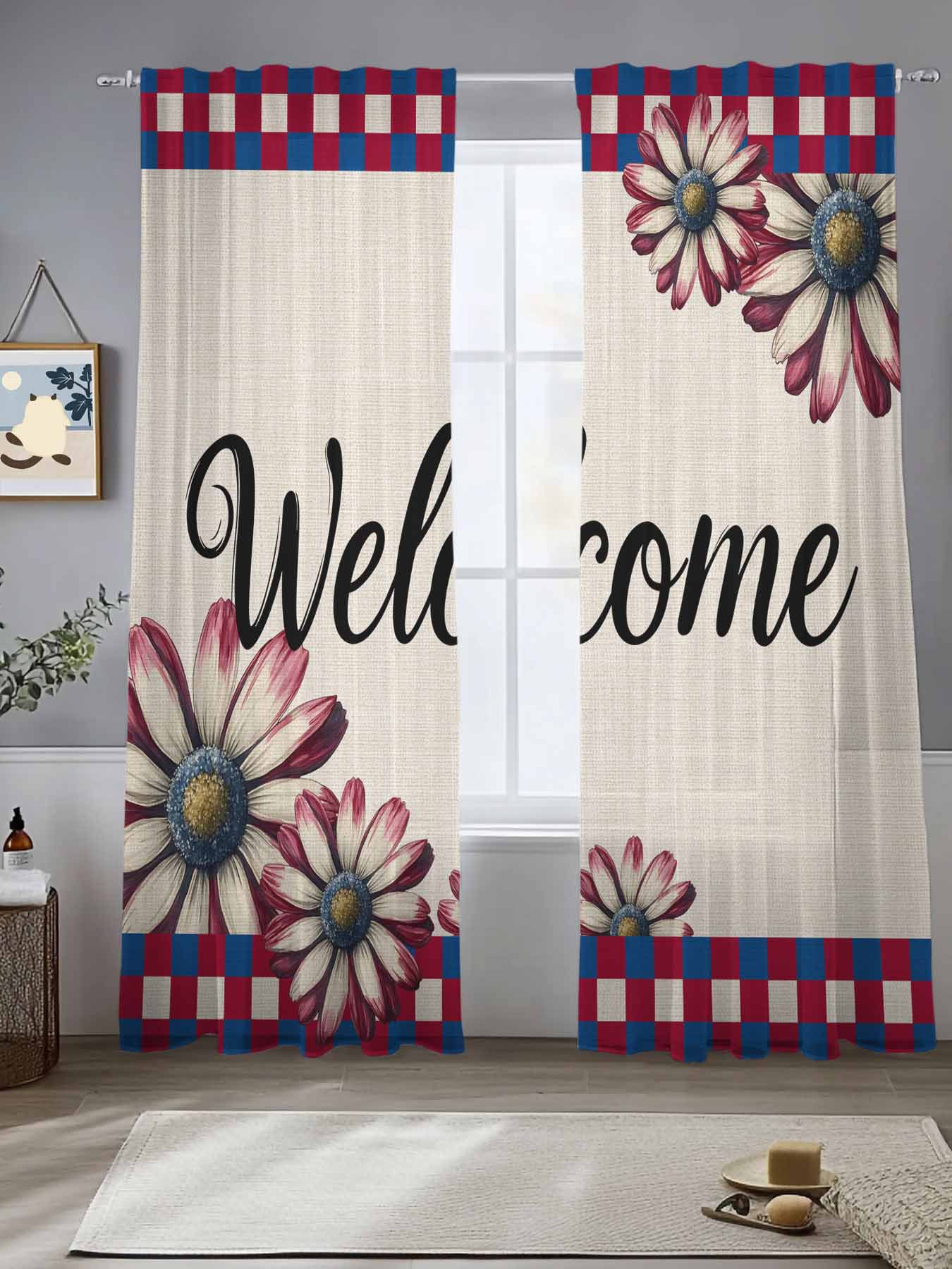Red Blue Daisy Sheer Curtains for Living Room Bedroom 4th of July ...