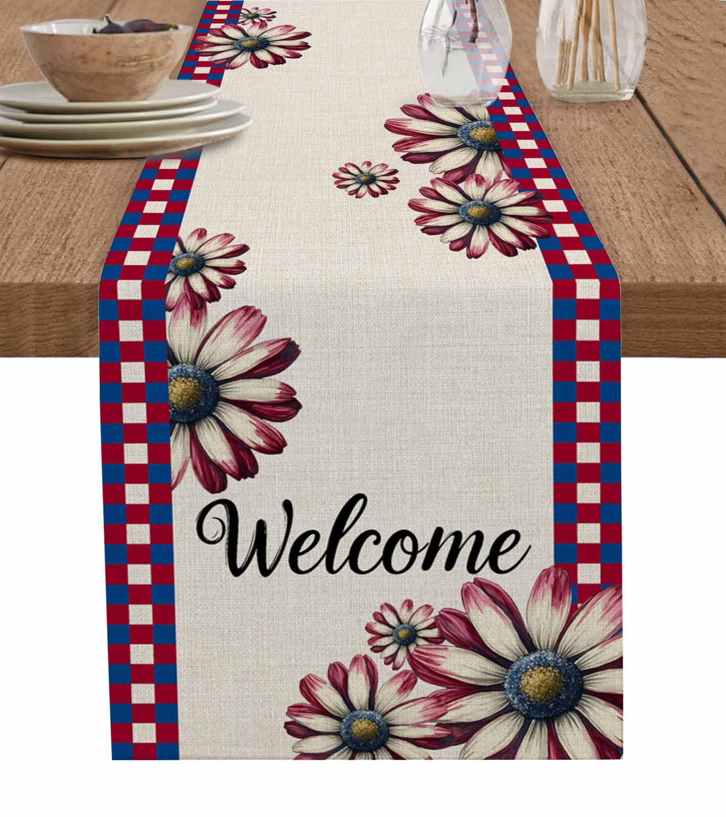Red Blue Daisy Table Runner 90 Inches, 4th of July Welcome Plaid ...