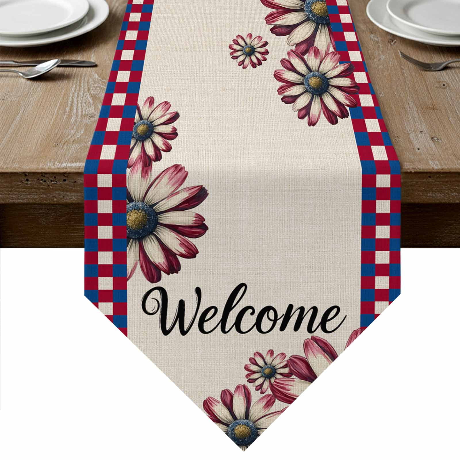 Red Blue Daisy Table Runner Linen Burlap Table Runner 72 Inches Long ...