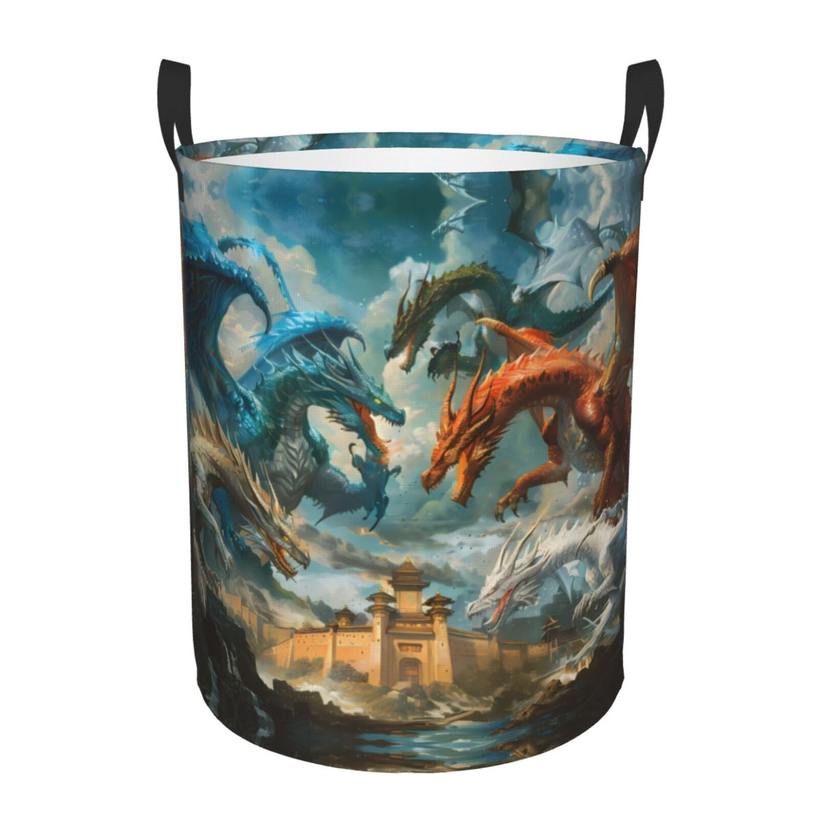 Red Blue Dragon Battle Epic Laundry Basket with Handles - Freestanding ...