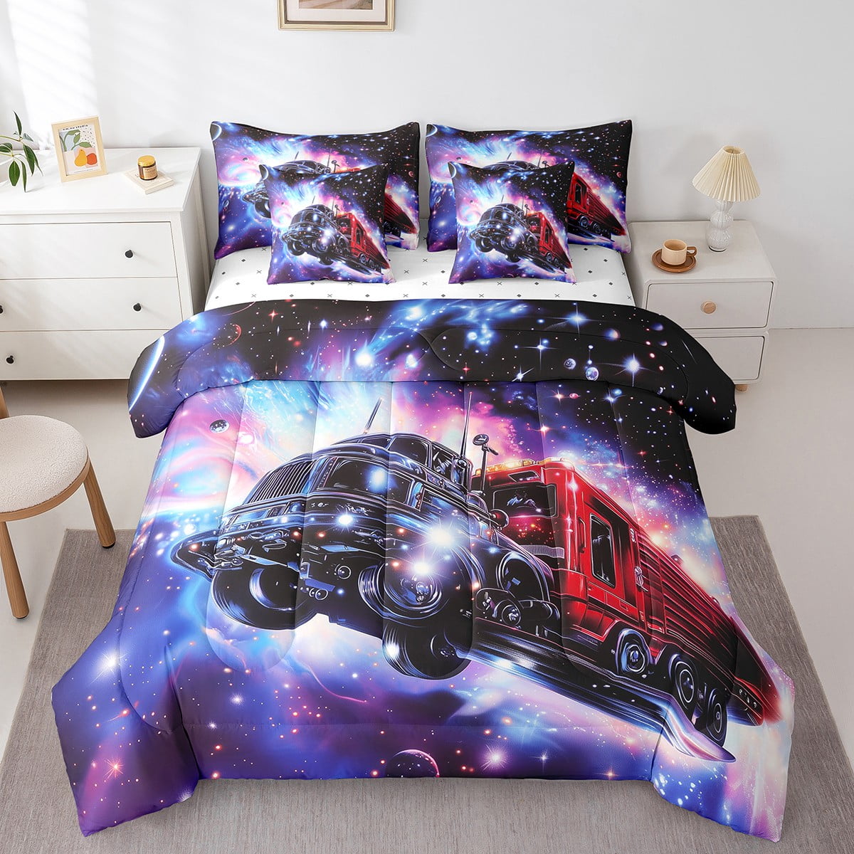 Red Blue Fire Truck Bedding Set,Truck Starry Sky Full Comforter Set 7 ...