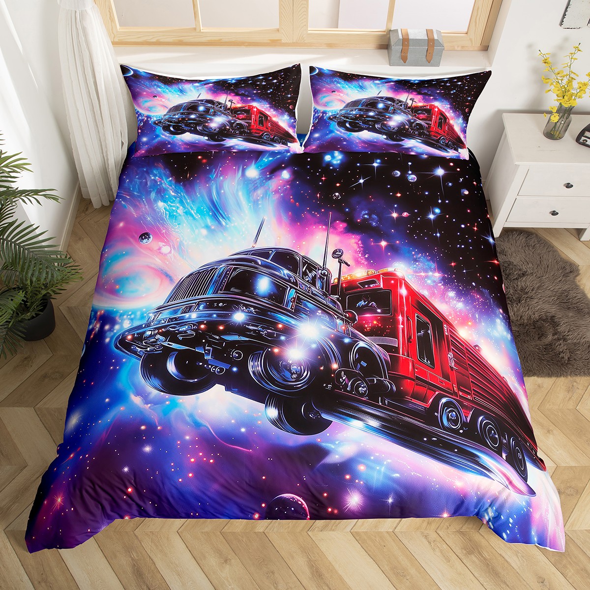 Red Blue Fire Truck Bedding Set,Truck Starry Sky Comforter Cover Fire ...