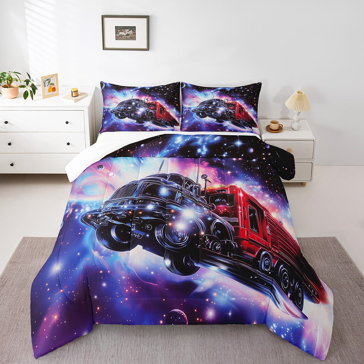 Red Blue Fire Truck Toddler Bedding Set,Truck Starry Sky Comforter Set ...