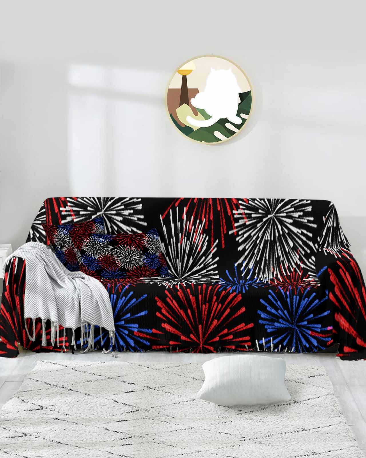 Red Blue Fireworks Sofa Covers for 3 Cushion,Washable Couch Cover for ...