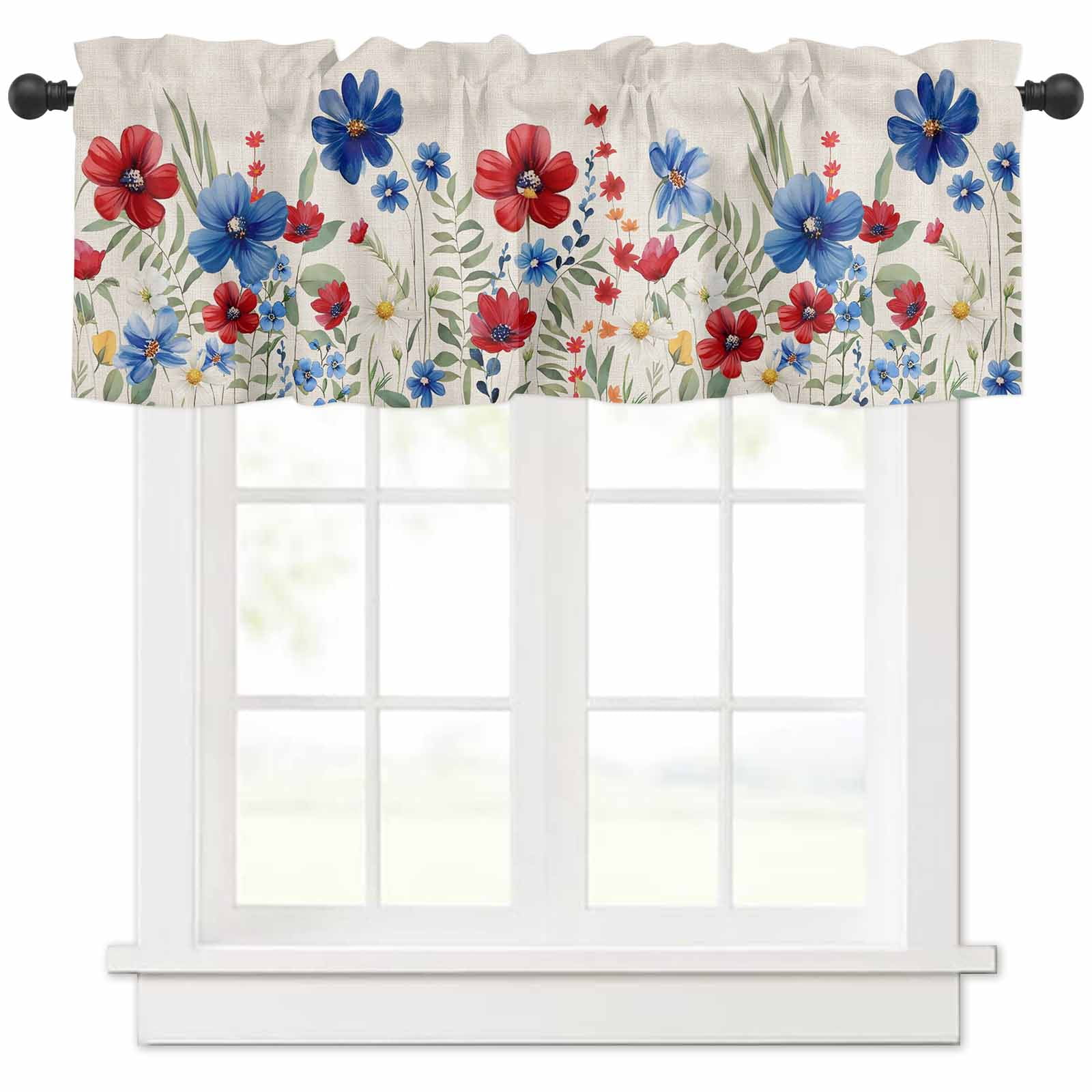 Red Blue Floral 4th of July Valances for Windows Farmhouse Kitchen ...
