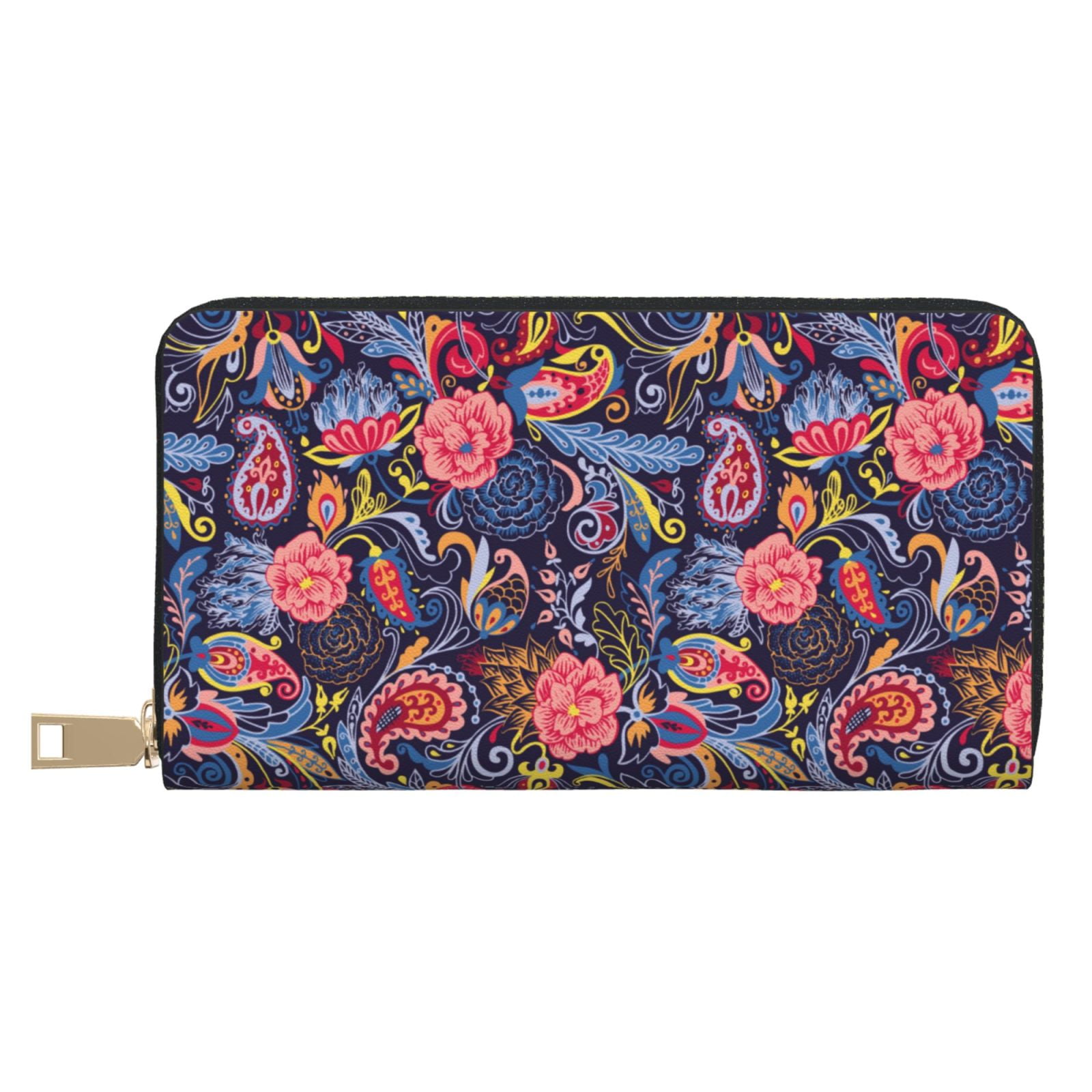 Red Blue Flower Paisley Wallet Women, Leather Bifold Multi Card Wallet ...