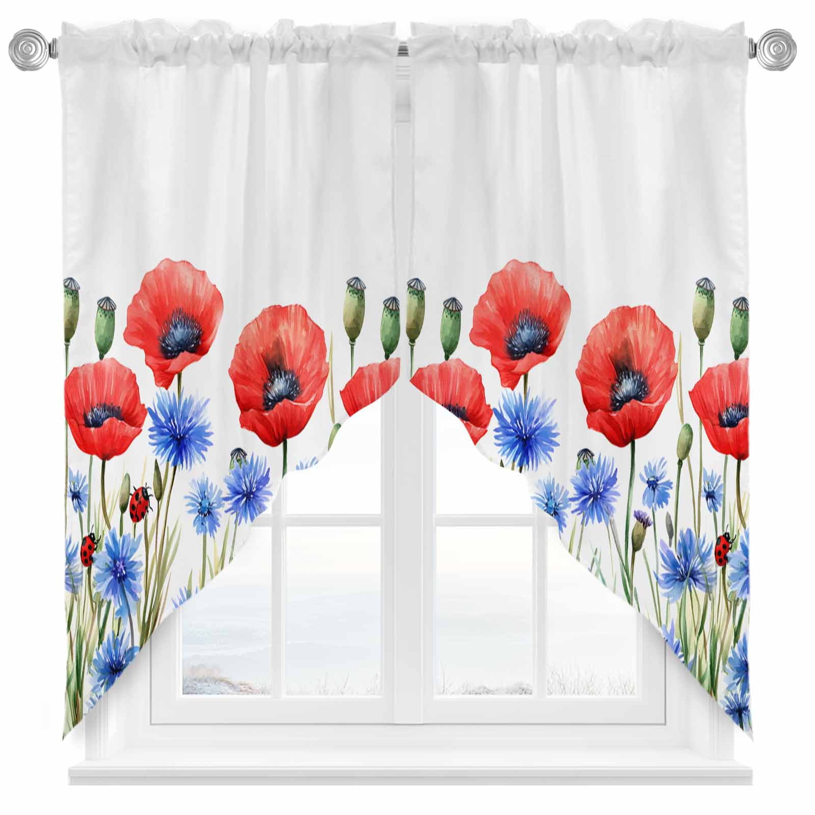 Red Blue Flower Watercolor Concubine Swag Kitchen Curtain Valances ...