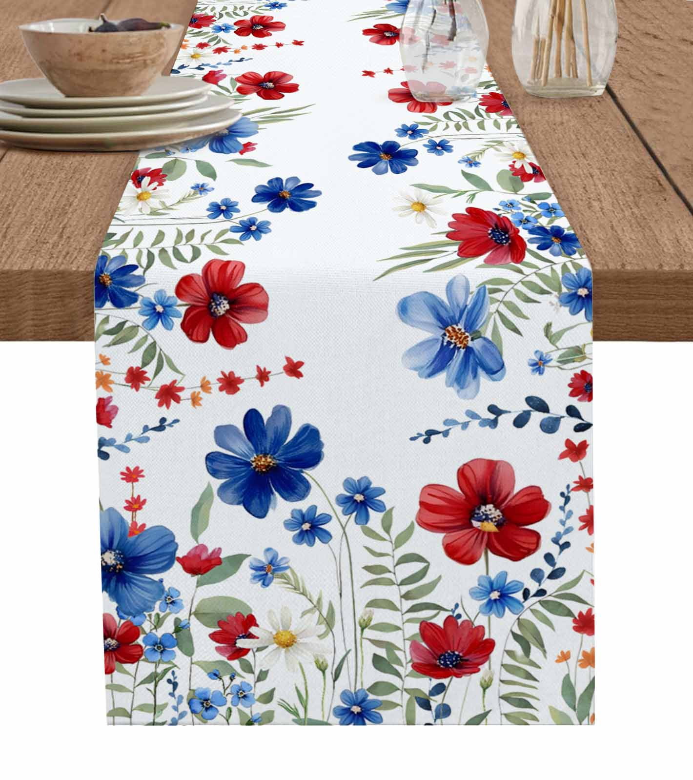 Red Blue Flowers 4th of July Table Runner 60 Inches, Independence Day ...