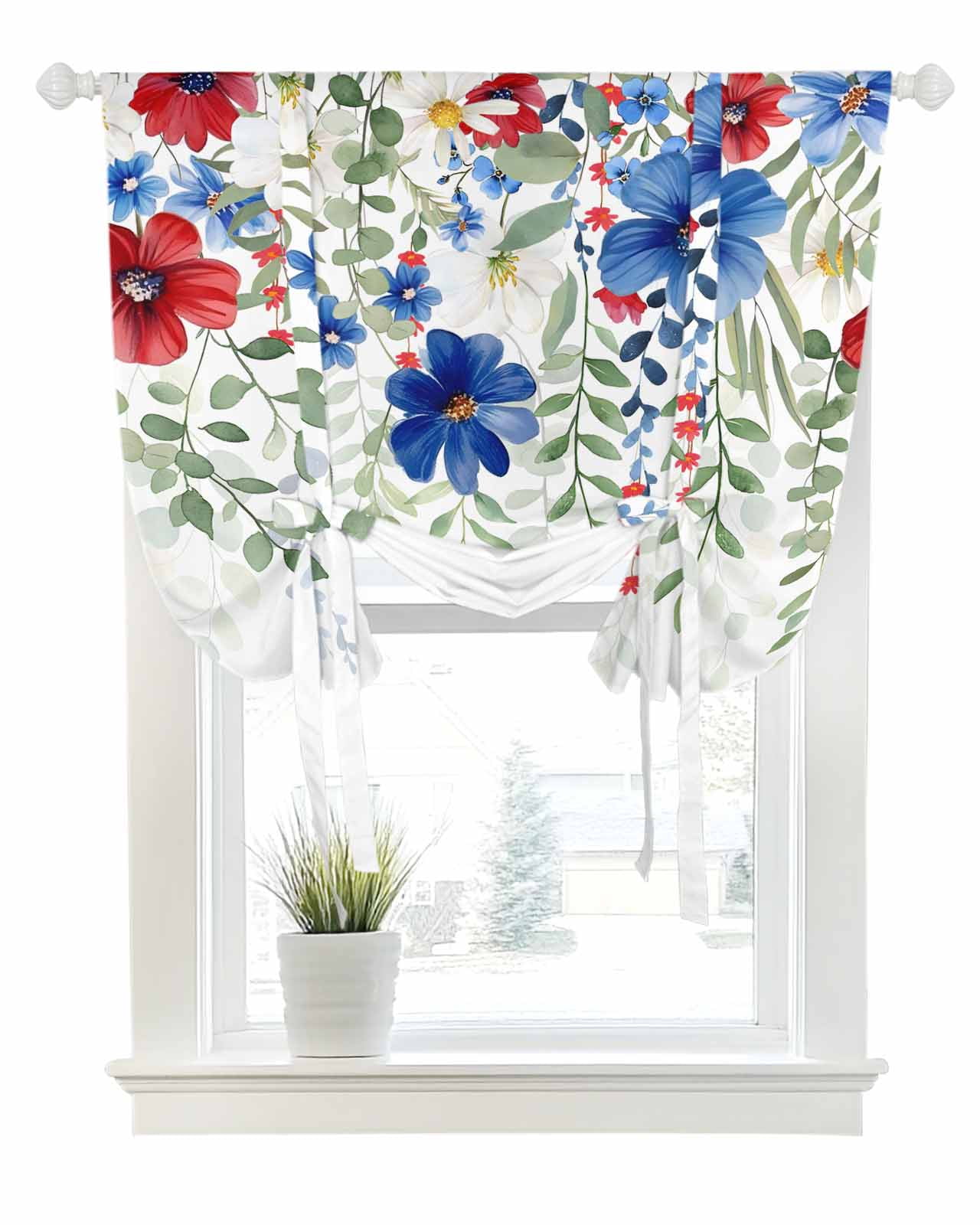 Red Blue Flowers 4th of July Tie Up Curtains for Window, Thermal ...
