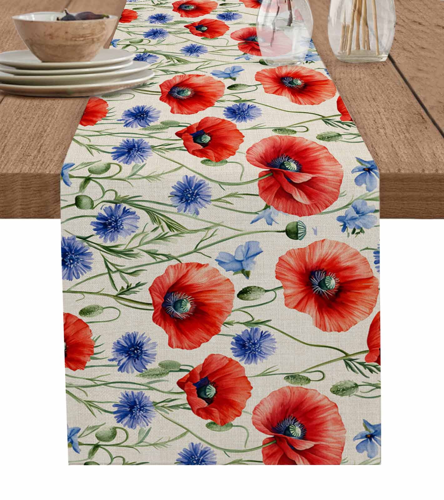 Red Blue Flowers Burlap Cotton Table Runner 13x72 Inches Long ...