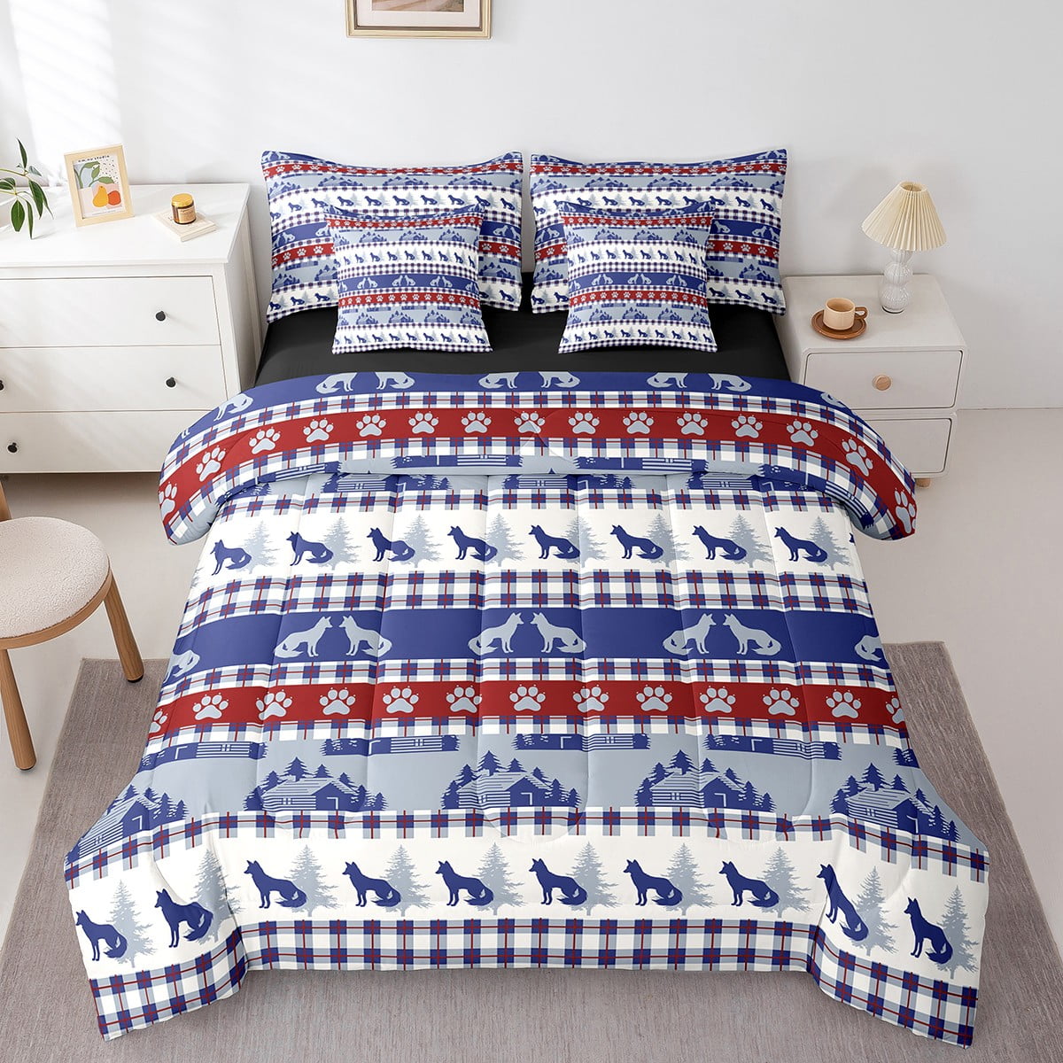 Red Blue Fox Animal 7 Piece Bed in a Bag Queen,Classic Rustic Cabin ...