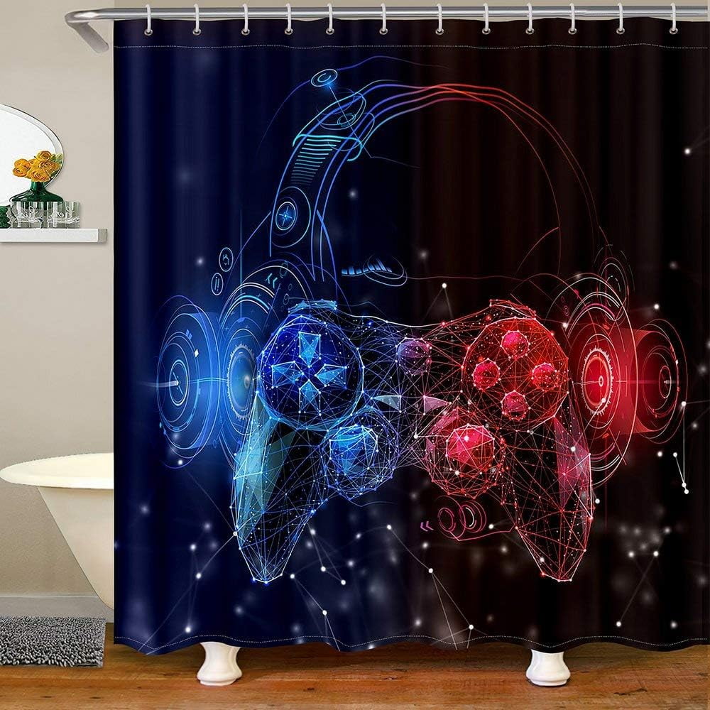 Red Blue Gamepad Shower Curtain Gaming Bath Curtain Geometric Line ...