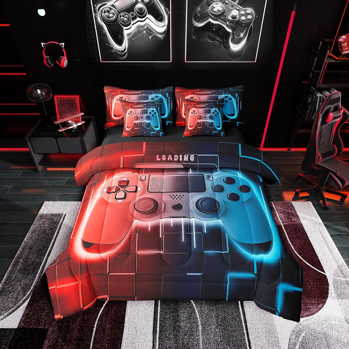 Red Blue Gaming 7 Piece Comforter Set Full Bed in a Bag,Gamer Bedding ...