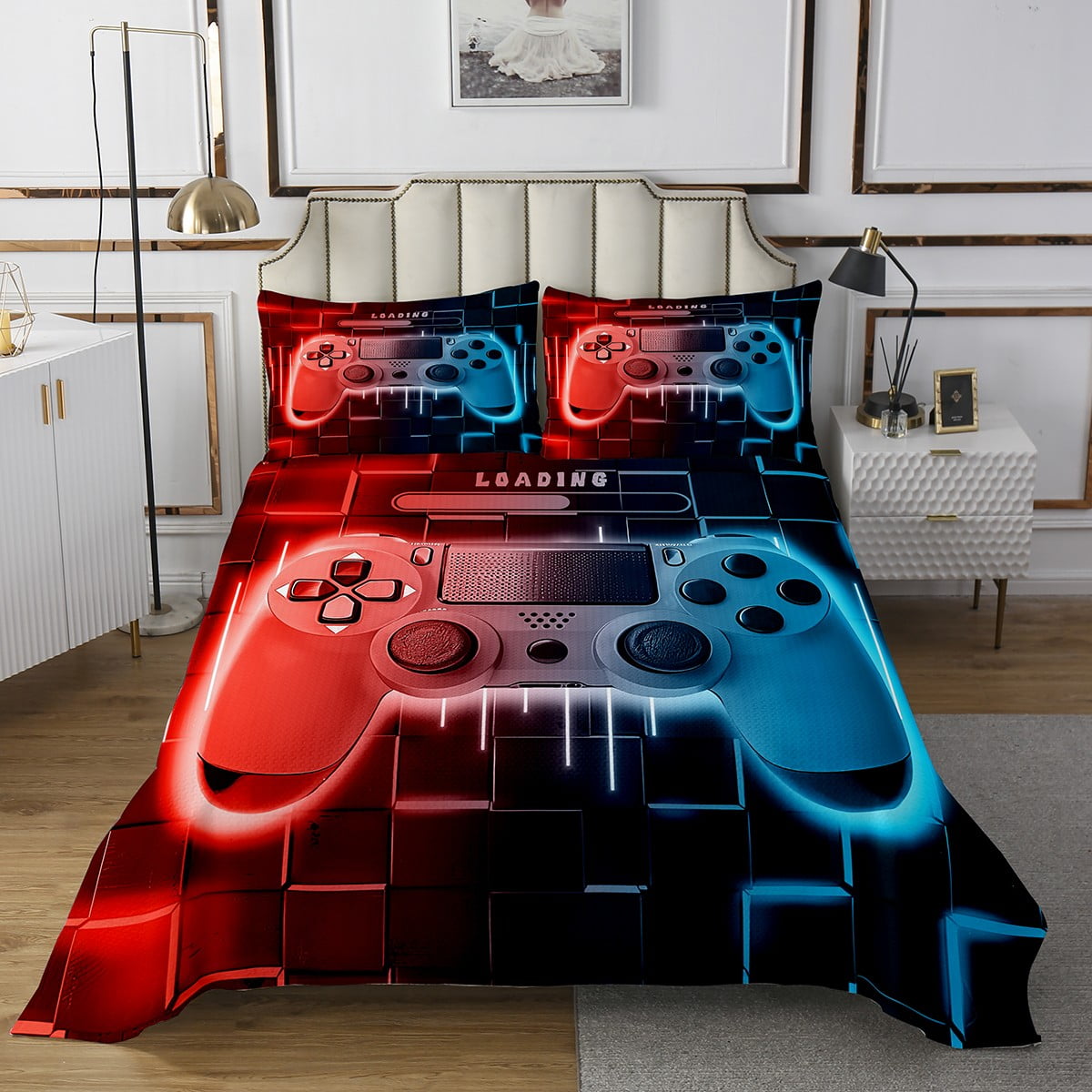 Red Blue Gaming Quilt Set Gamer Bedspread Set Queen,Neon Lights ...
