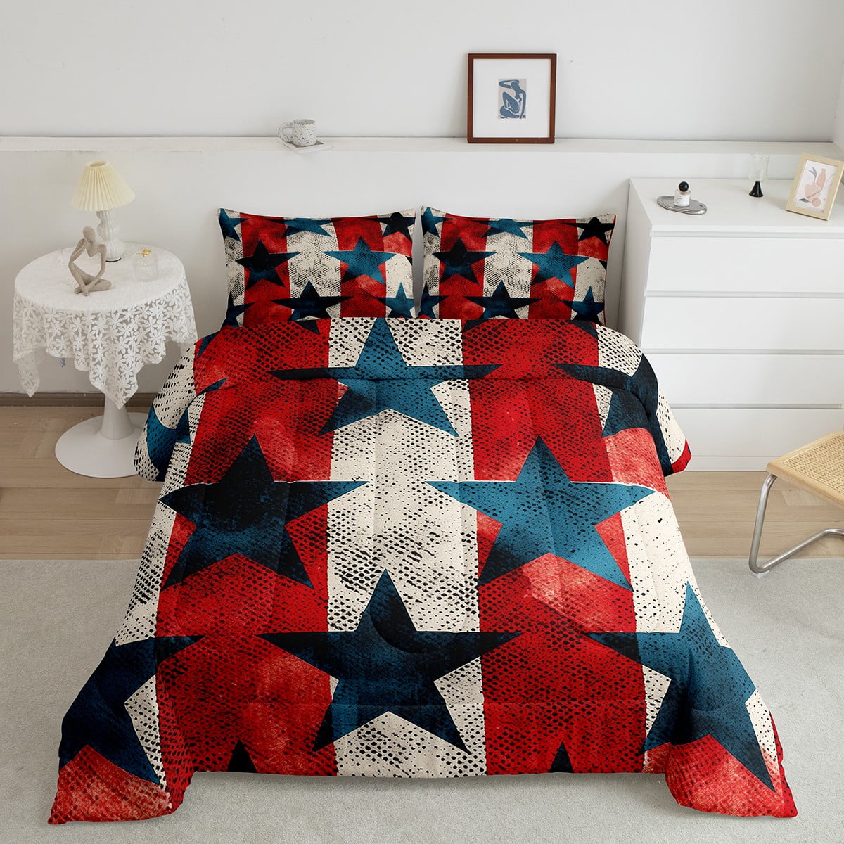 Red and Blue Geometric Comforter Set Twin Size,Retro Grunge Star ...