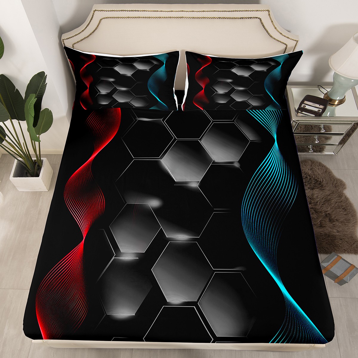 Red and Blue Geometry Queen Fitted Sheet,Neon Lights Stripes Hexagonal ...