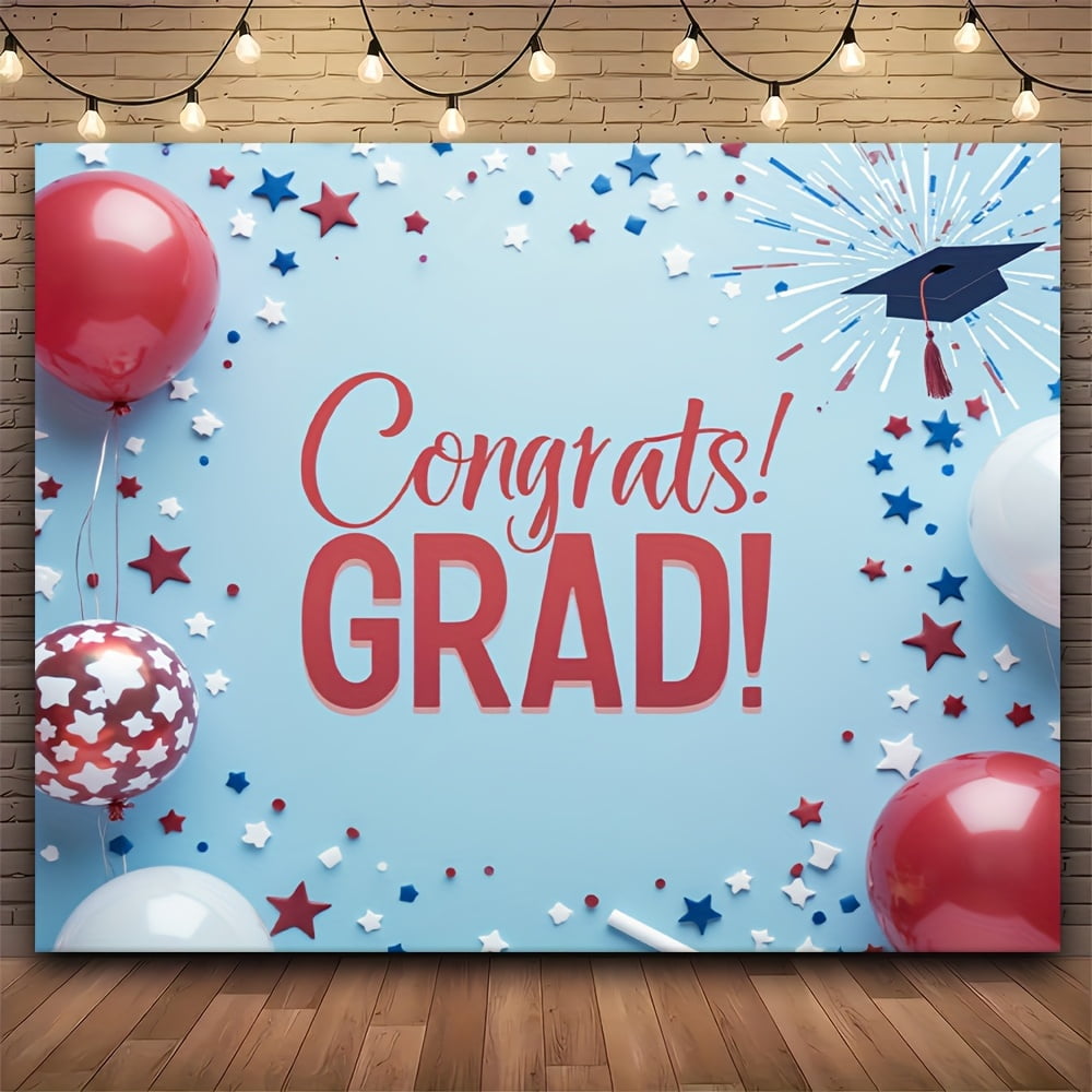 Red and Blue Graduation Backdrop - "Congrats! GRAD" Design with Stars ...