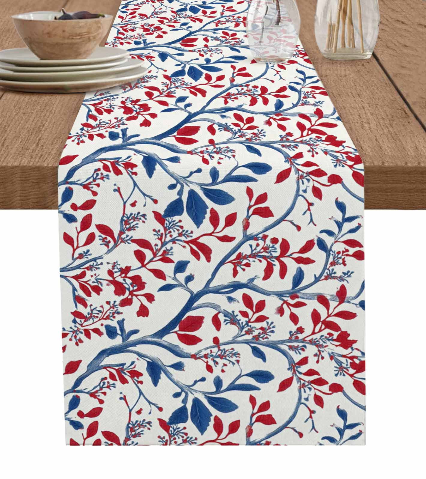 Red Blue Leaf Table Runner 72 Inches, Summer Vintage Botanical Branch ...