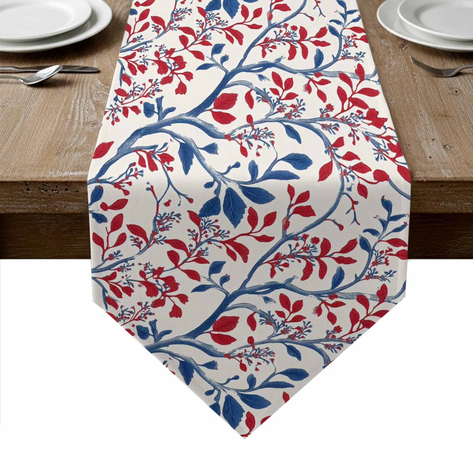 Red Blue Leaf Table Runner Linen Burlap Table Runner 108 Inches Long ...