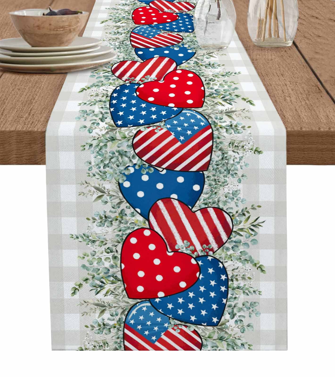 Red Blue Love Heart Table Runner Green Eucalyptus Leaf Gray Plaid ...
