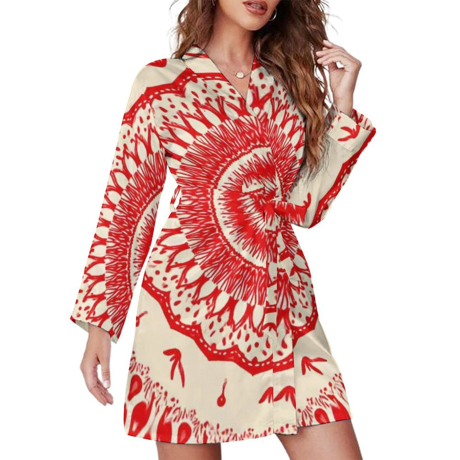 Red Blue Mandala Pattern Night Robe Long Sleeve V Neck Robe With Belt ...
