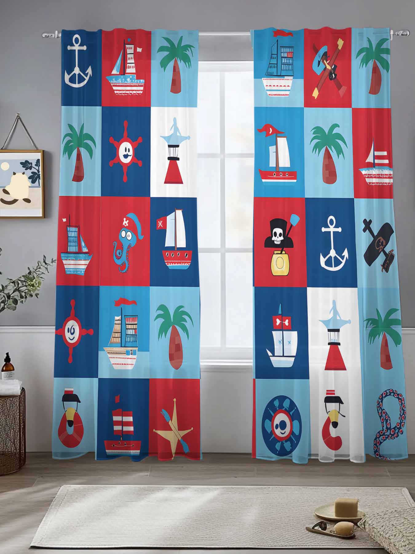 Red Blue Plaid Coastal Sheer Curtains for Living Room Bedroom Nautical ...