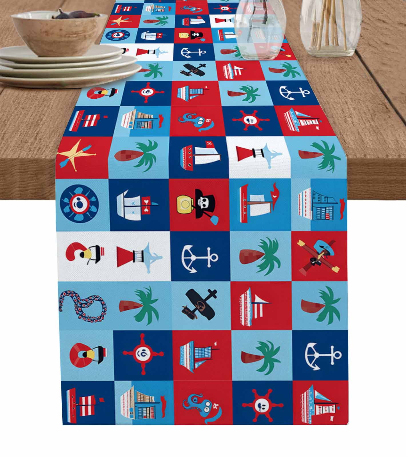Red Blue Plaid Coastal Table Runner 70 Inches, Nautical Summer Beach ...